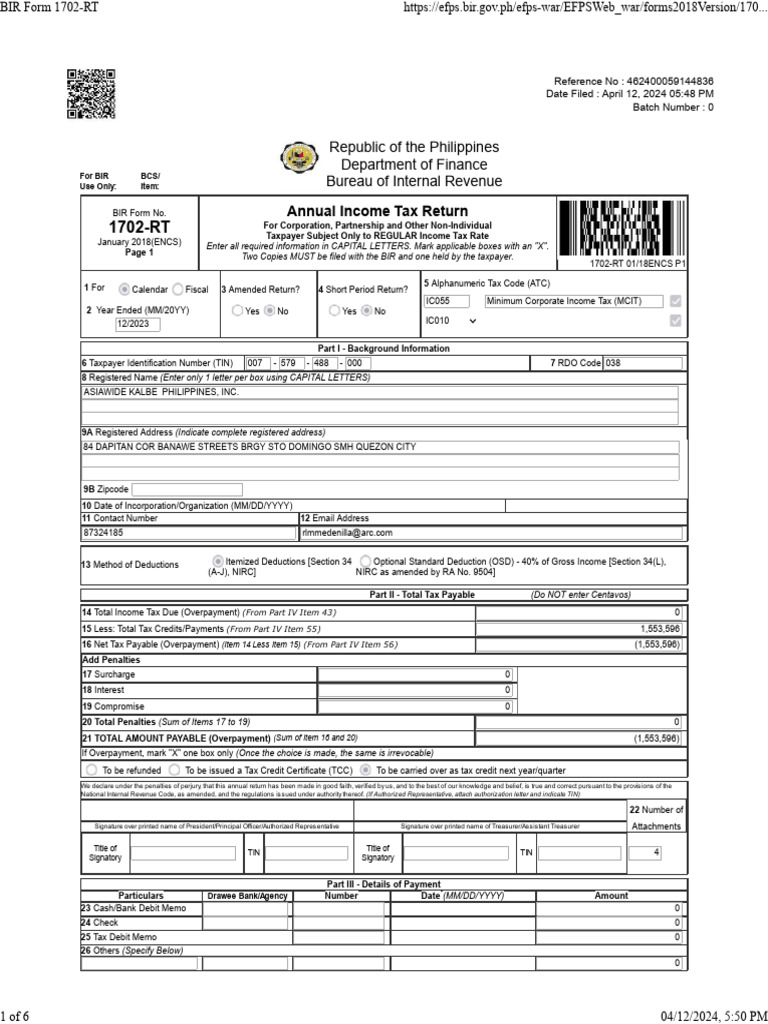 BIR Form 1702-RT Annual Tax Return | PDF | Tax Deduction | Income Tax