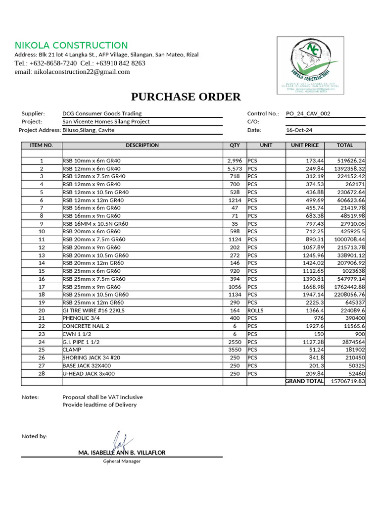 DCG - Purchase Order Form - NIK - PO - 24 - CAV4 - 002 | PDF