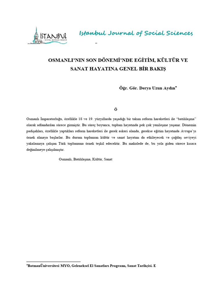 Osmanli Nin Son d Nem Nde e t m, k Lt r Ve Sanat Hayatina Genel b r Baki [#183019]-161916 | PDF
