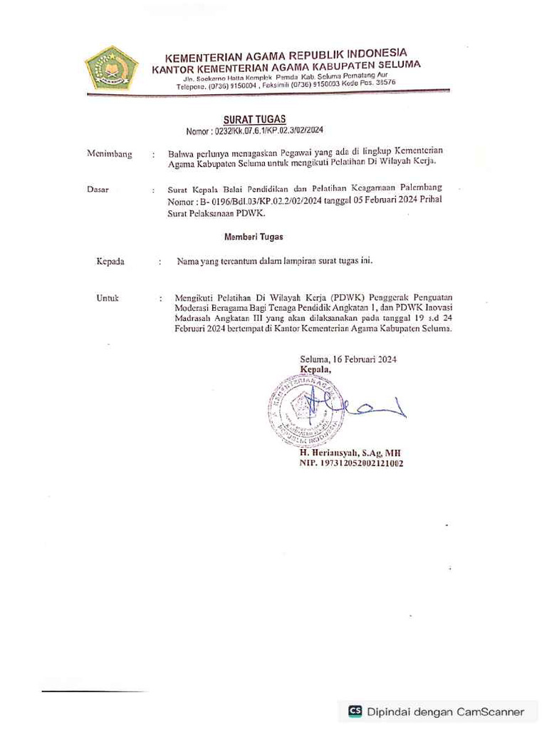 Surat Tugas Mengikuti Pelatihan Di Wilayah Kerja (PDWK) Moderasi Agama Dan Inovasi Madrasah 2024 ...