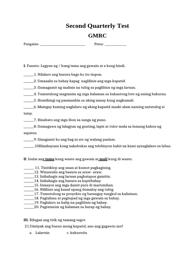 third Quarterly Test GMRC ANS | PDF