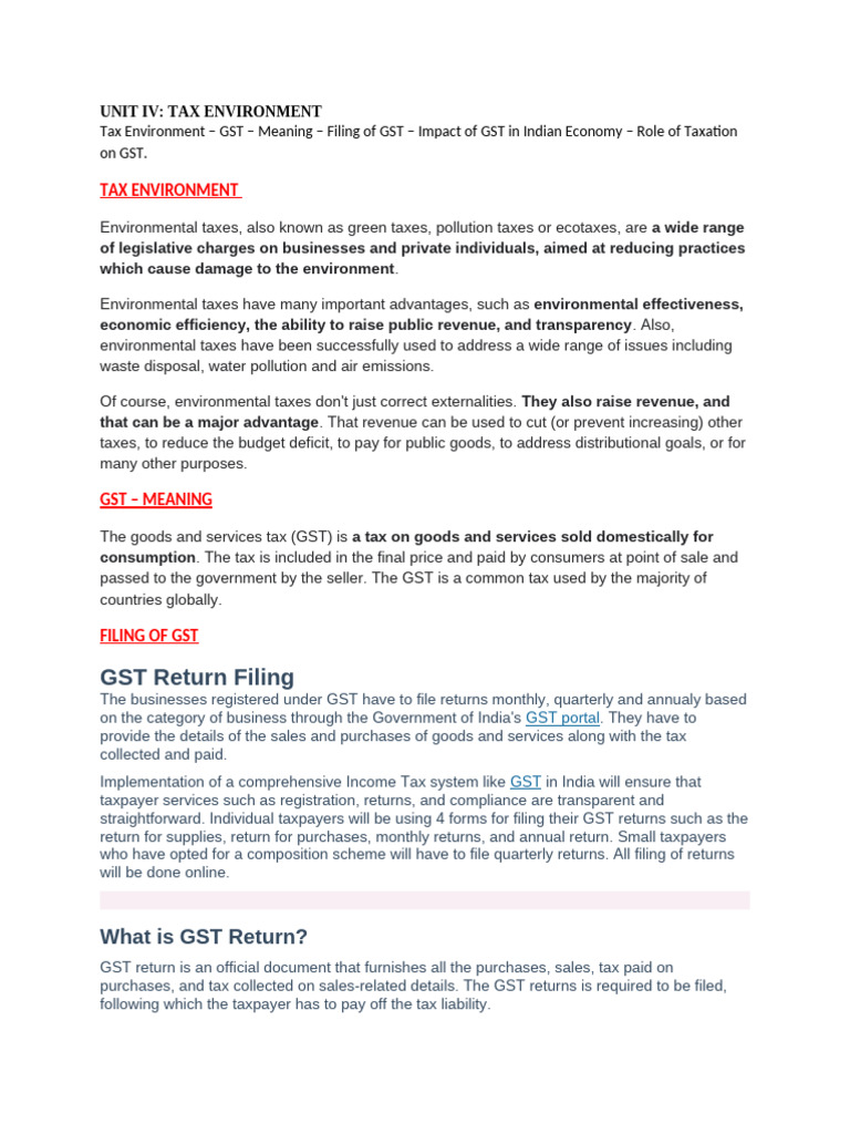 Busisness Environment - Notes - Unit-4 | PDF | Taxes | Public Finance