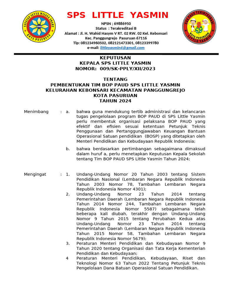 SK BOP DAN DANA HIBAH 2024 SPS LITTLE YASMIN_REVISI | PDF