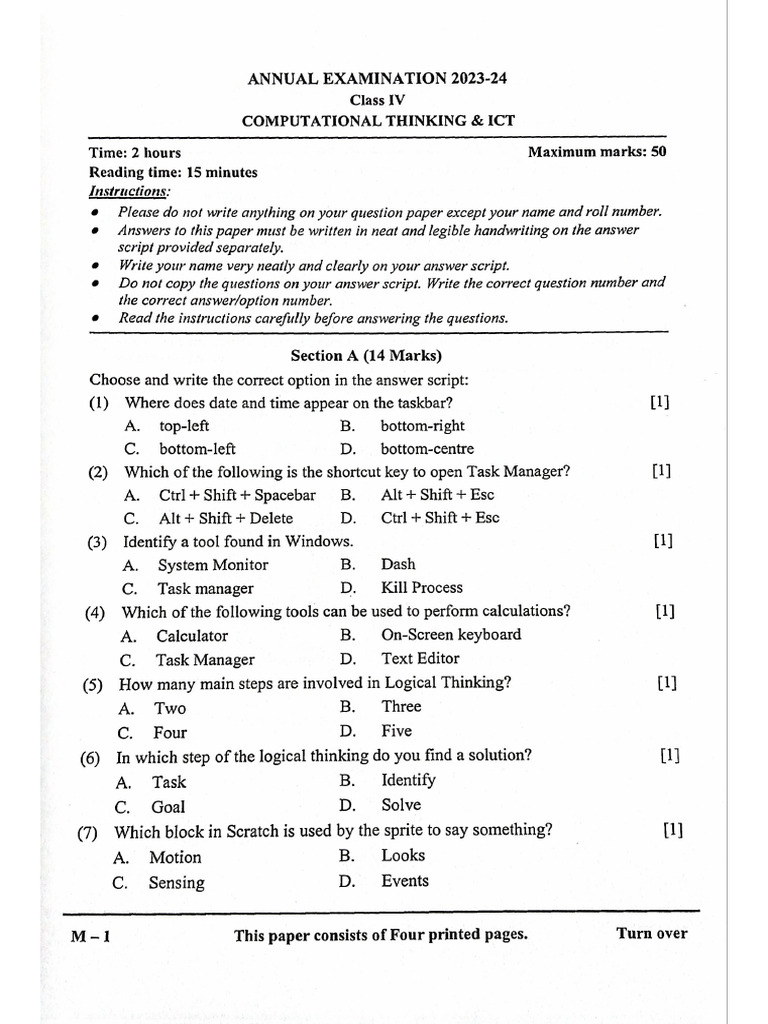 Class 4 Previous Year Papers | PDF