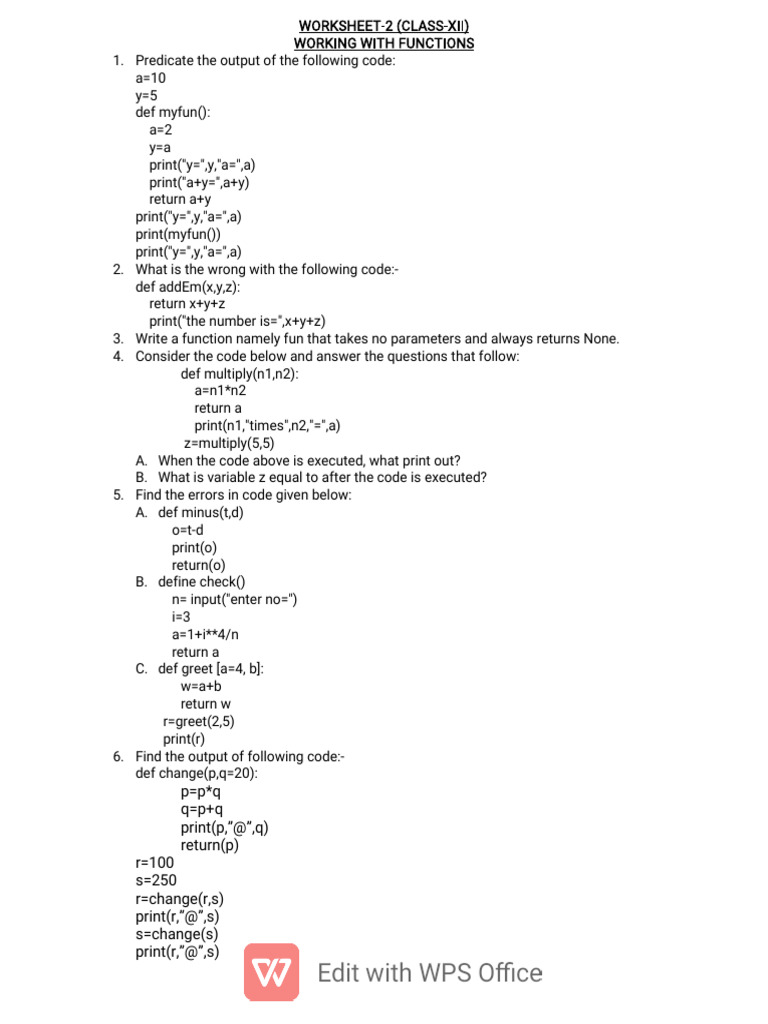 Python Functions Worksheet for Class XII | PDF