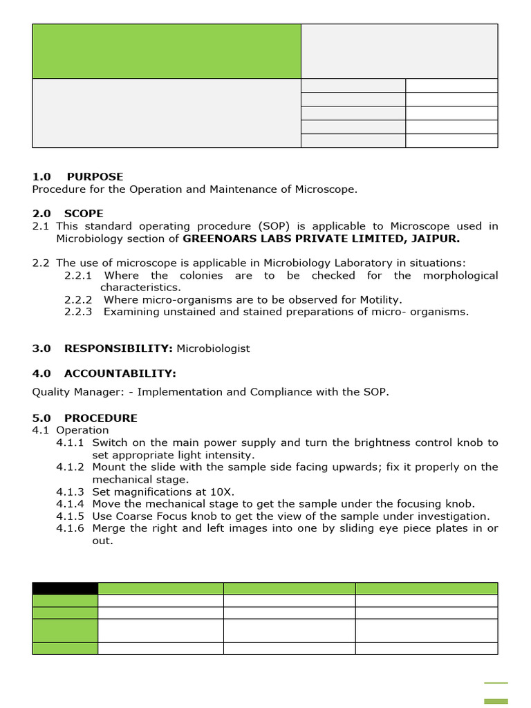 Sop For Microscope in Microbiology Laboratory | PDF | Microscope ...