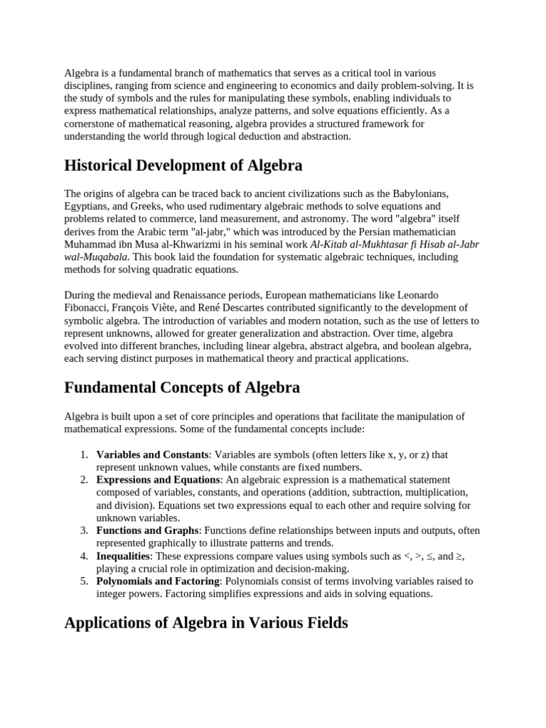 The Significance and Applications of Algebra | PDF | Algebra | Mathematics The Significance and Applications of Algebra | PDF | Algebra | Mathematics