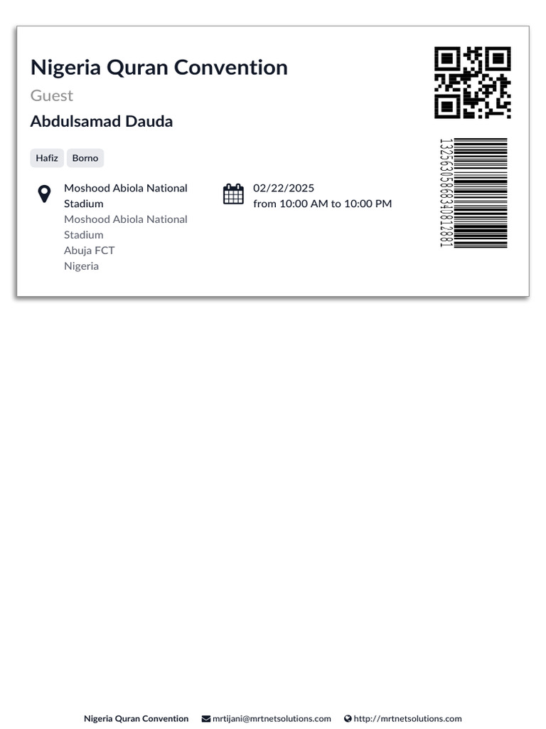 Tickets - Nigeria Quran Convention (Feb 22, 2025, 10_00_00 AM) - Abdulsamad Dauda | PDF