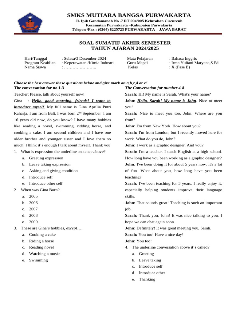 Soal Sas Kellas X Bahasa Inggris 2024 | PDF | Linguistic Morphology | Linguistics