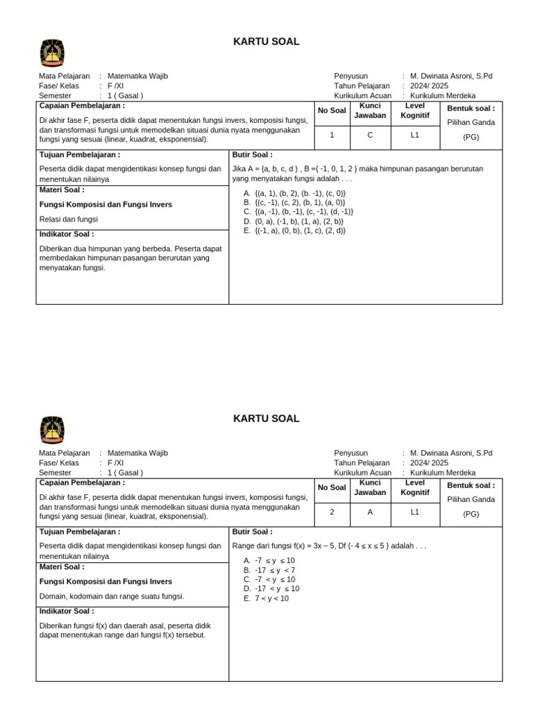 KARTU SOAL PG KELAS Fase F 2024 | PDF