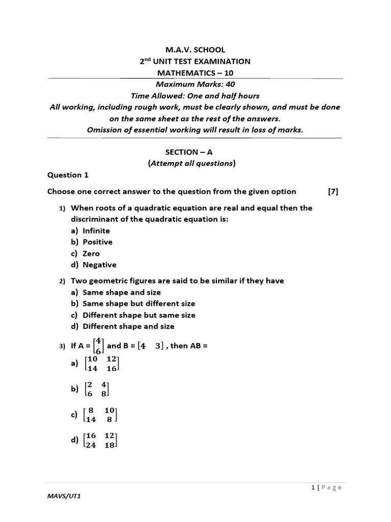 MAV MATHS 10(2023-24) | PDF | Quadratic Equation | Equations