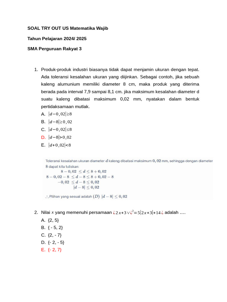 Soal Try Out Matematika SMA 2024/2025 | PDF