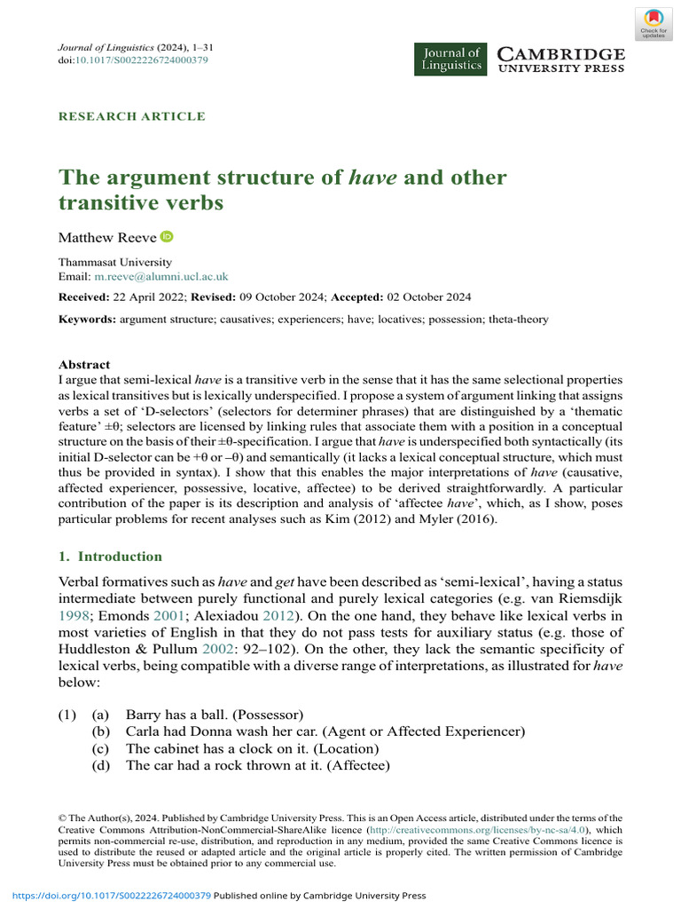 The Argument Structure of Have and Other Transitive Verbs | PDF | Lexical Semantics | Syntax