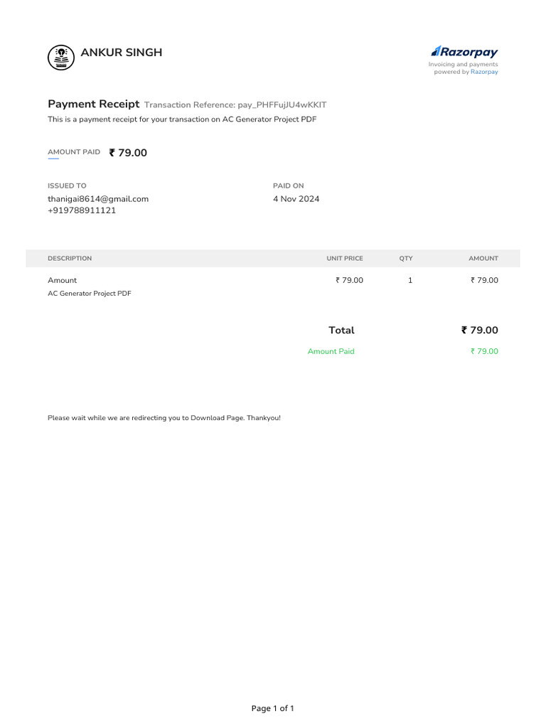AC Generator Project Payment Receipt | PDF