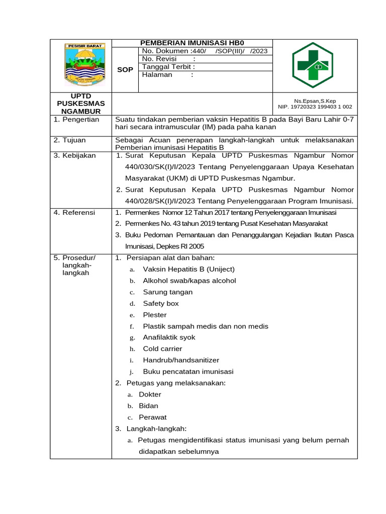 Sop Pemberian Imunisasi HB0 | PDF