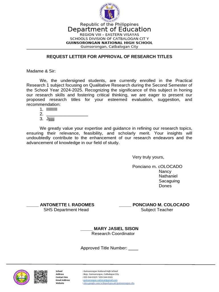 Request Letter For Approval of Research Titles | PDF | Inquiry ...