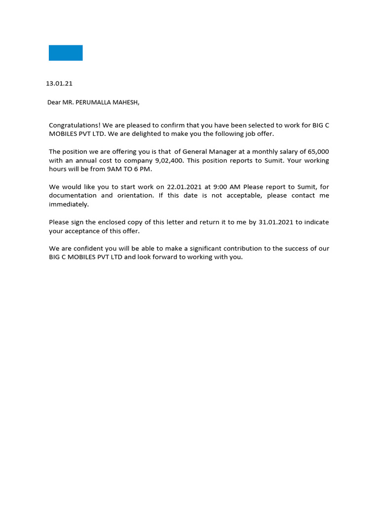 My BIG C Office Offer Letter | PDF