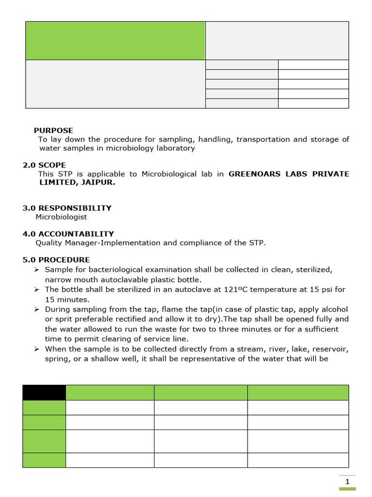 Water Sample Handling SOP for Labs | PDF