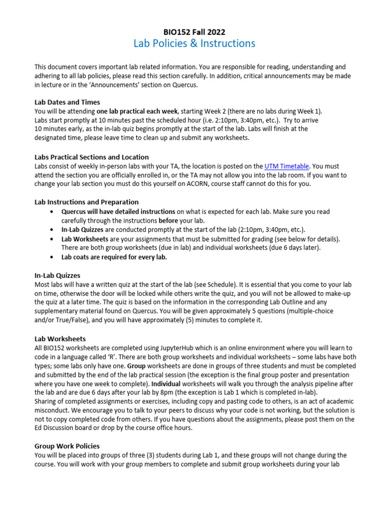 BIO152 Lab Policies - Fall 2022 | PDF