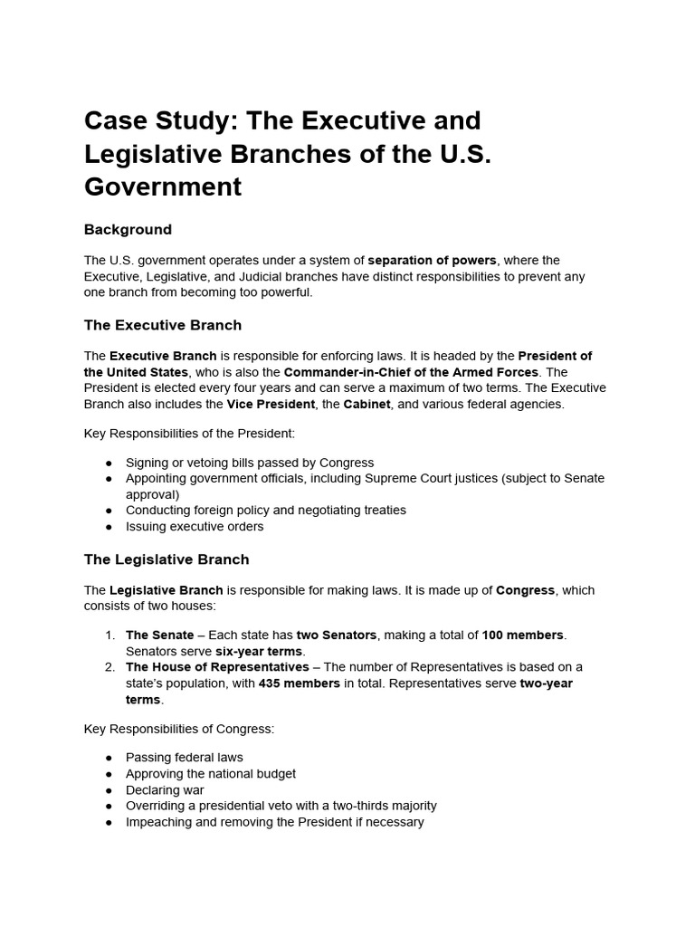 Case Study_ The Executive and Legislative Branches of the U | PDF ...