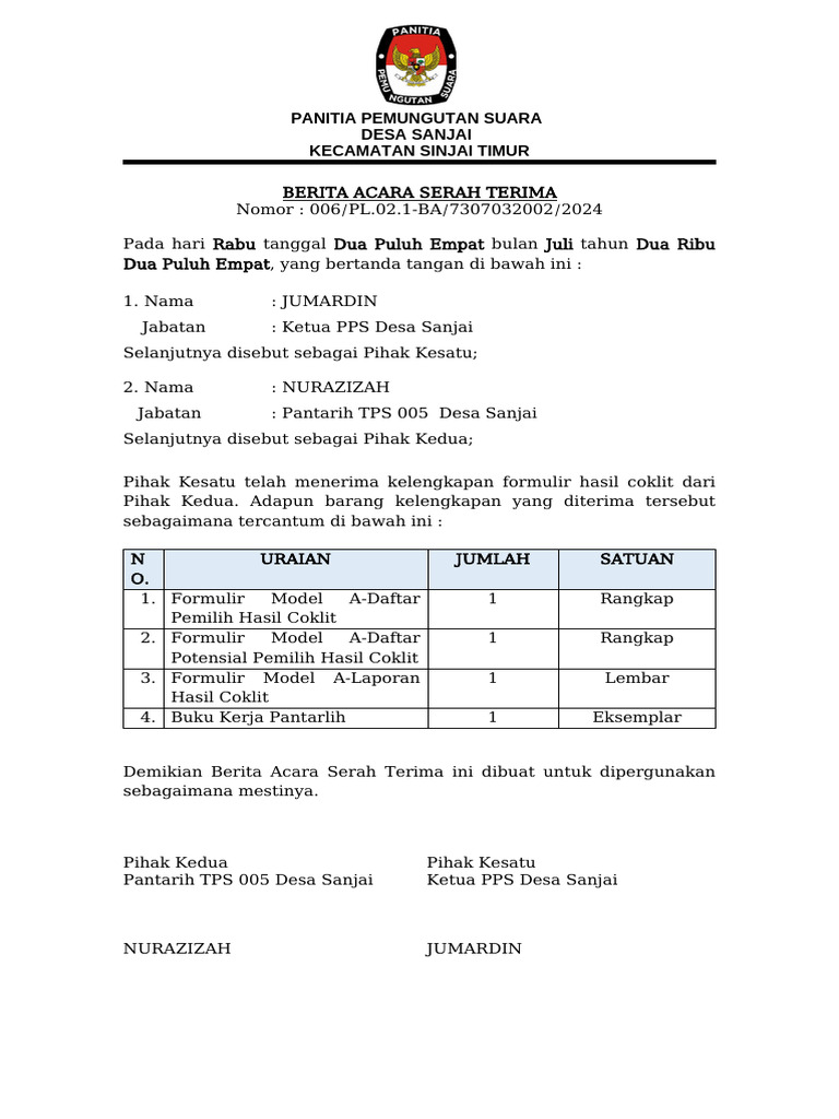 Berita Acara Serah Terima Coklit TPS 005 | PDF