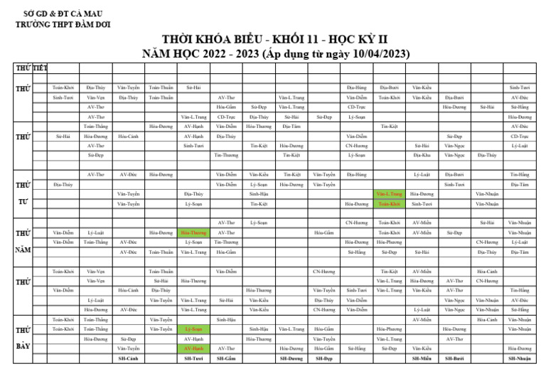 Thoi Khoa Bieu HKII Lan 11 Dieu Chinh | PDF