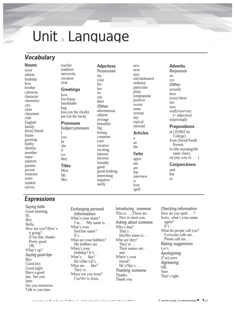 Interchange 4th Ed Level1 Language Summary Units 1 16 | PDF | Adjective | Verb