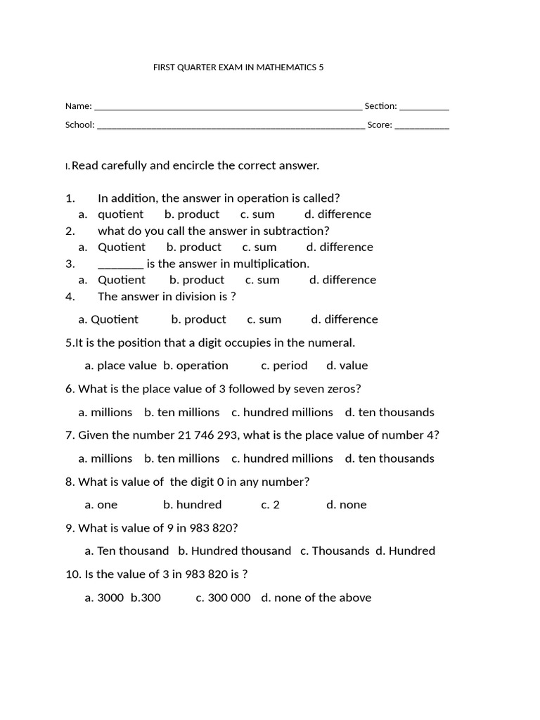 First Quarter Exam in Mathematics 5 | PDF | Numbers | Mathematical Notation