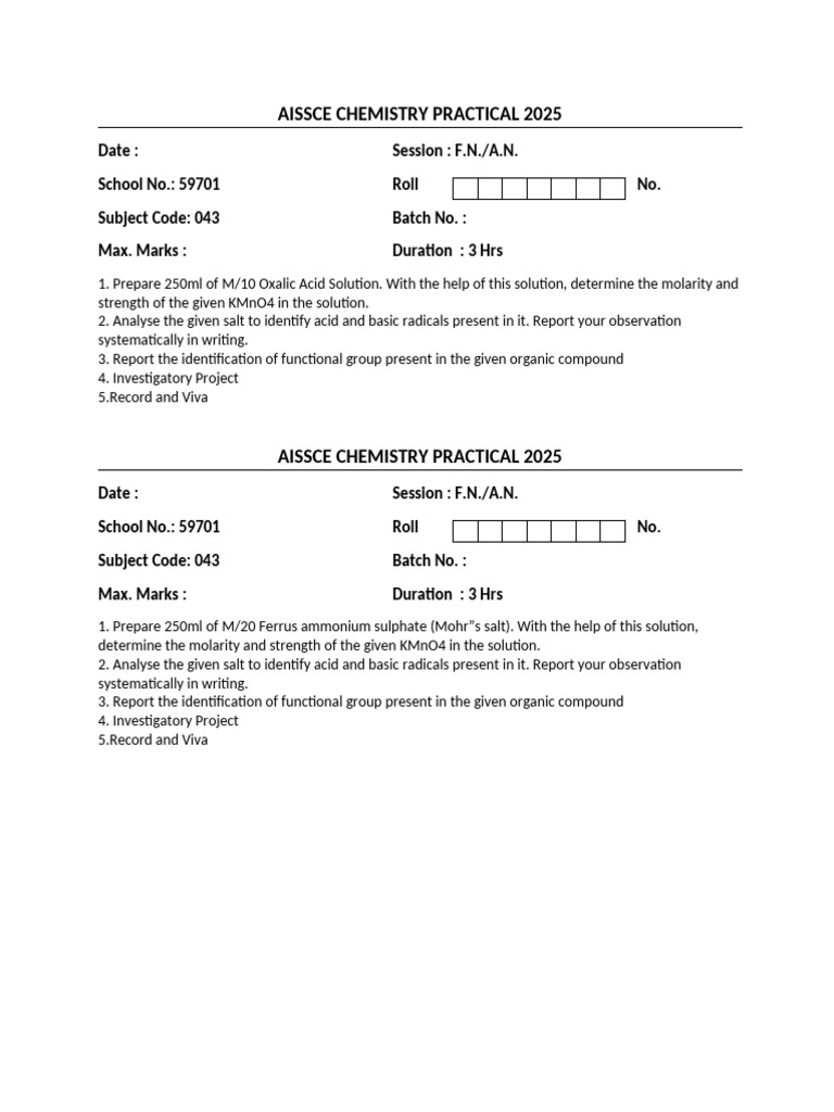 Aissce Chemistry Practical 2025 | PDF