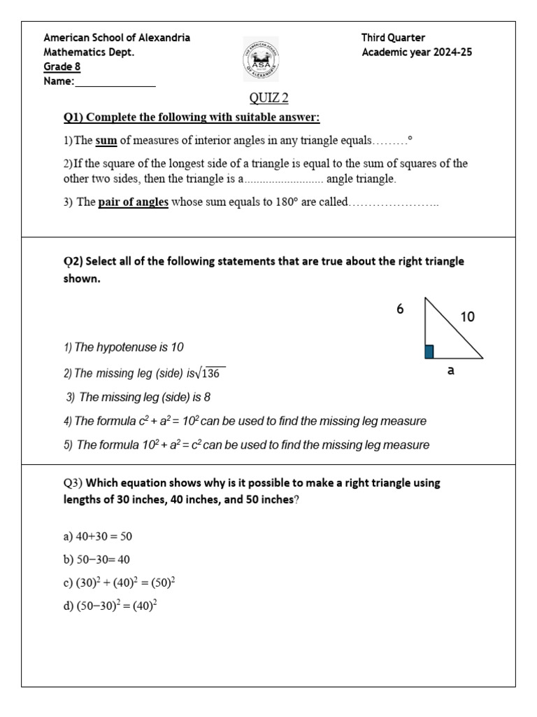 QUIZ 2 G8 Pythagoras Theorem | PDF