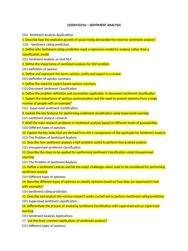 Question Bank CO1 and CO2 22SDM3101A - SENTIMENT ANALYSIS | PDF | Semantics | Human Communication