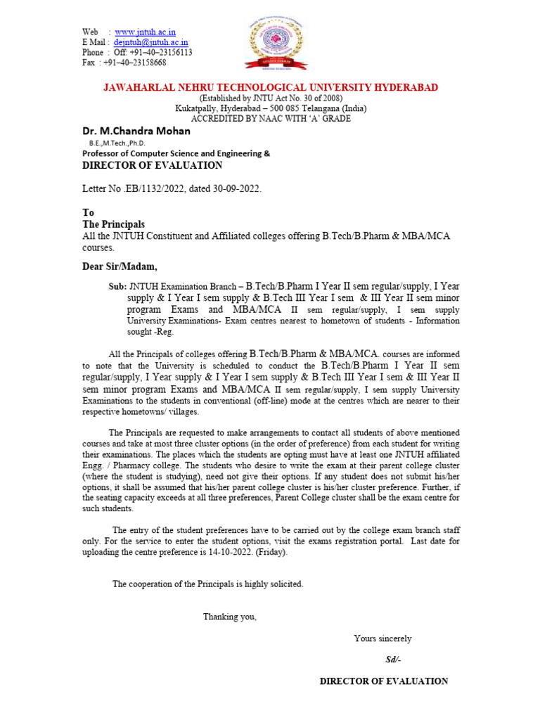 JNTUH Centers preferences letter for BTech_BPharm_MBA_MCA Oct_Nov Exams 2022 | PDF | Career And ...