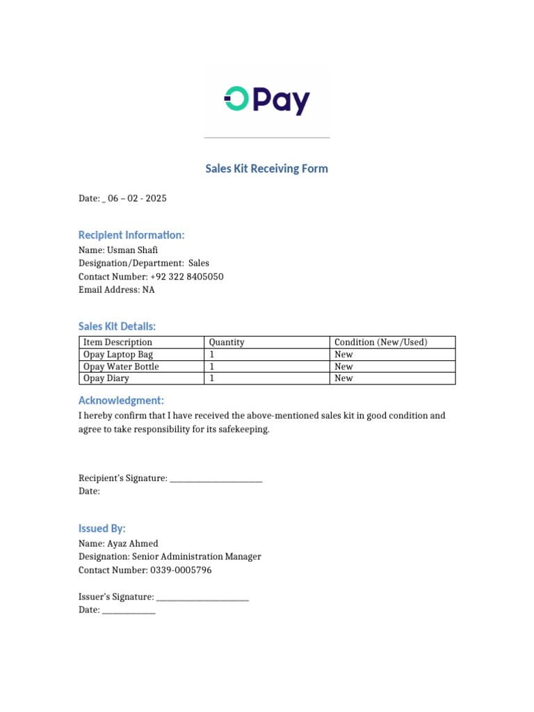 Sales Kit Receipt Form for Usman Shafi | PDF