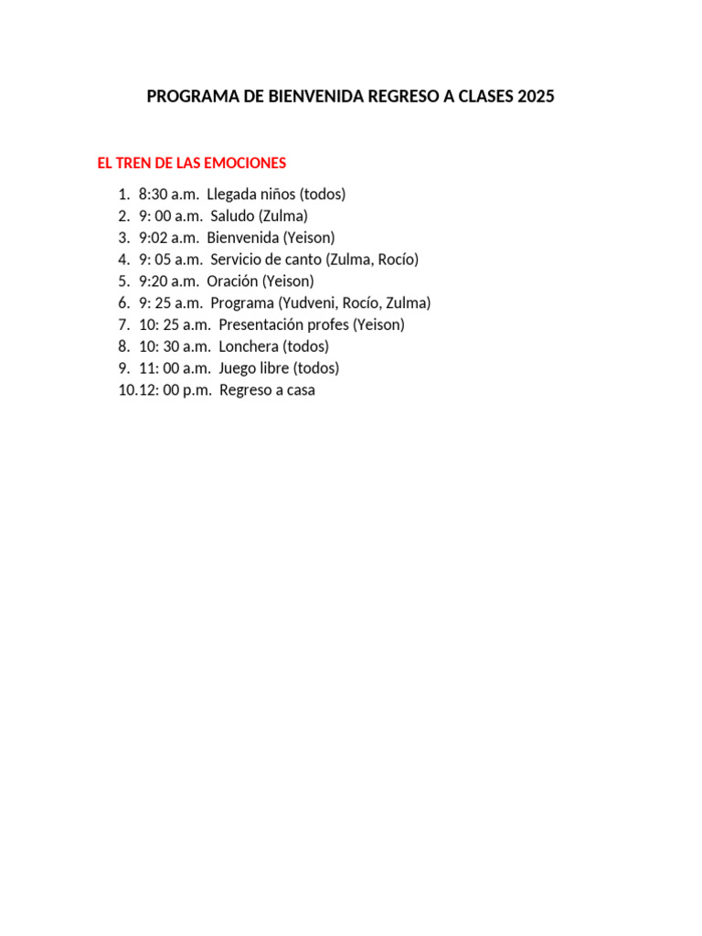 Programa de Bienvenida Regreso A Clases 2025 | PDF