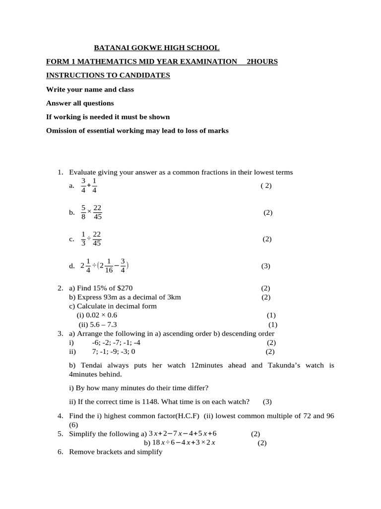 Form 1 Maths Mid Year | PDF
