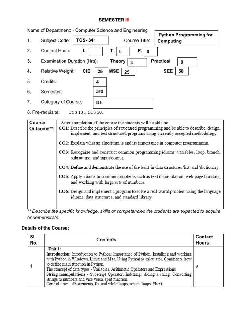 Python Syllabus (Sem III) | PDF | Python (Programming Language ...