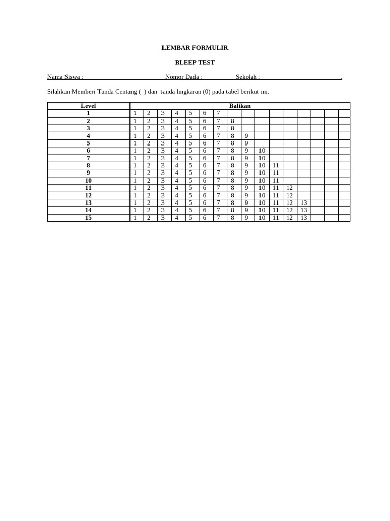 Lembar Formulir Bleep Test | PDF