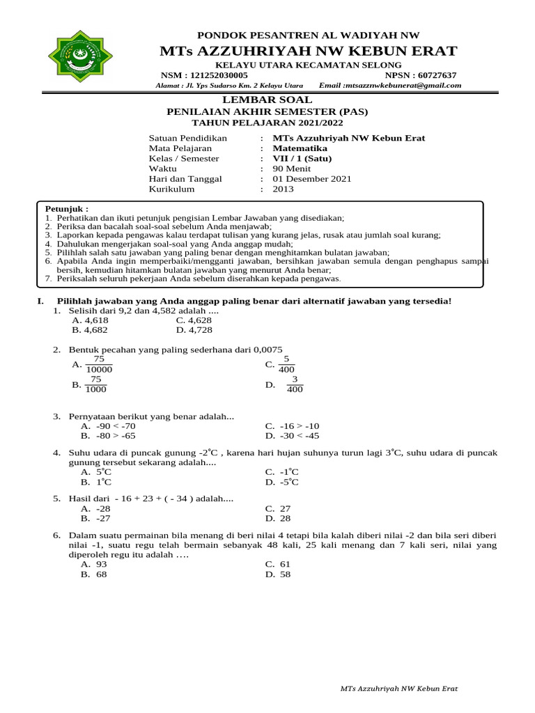 Soal PAS MTK Kelas 7 K13 | PDF