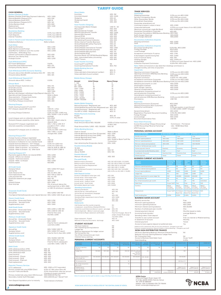 Tariff Guide | PDF | Credit Card | Cheque