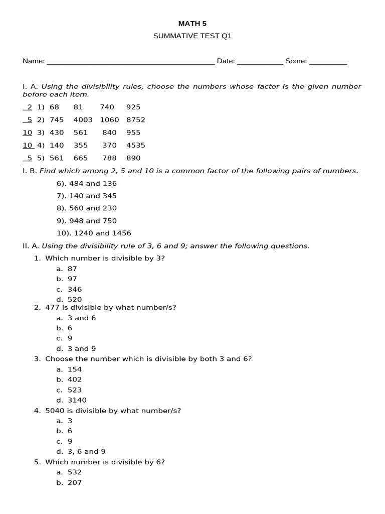 V1 SUMMATIVE TEST - MATHEMATICS 5 - Quarter 1 | PDF