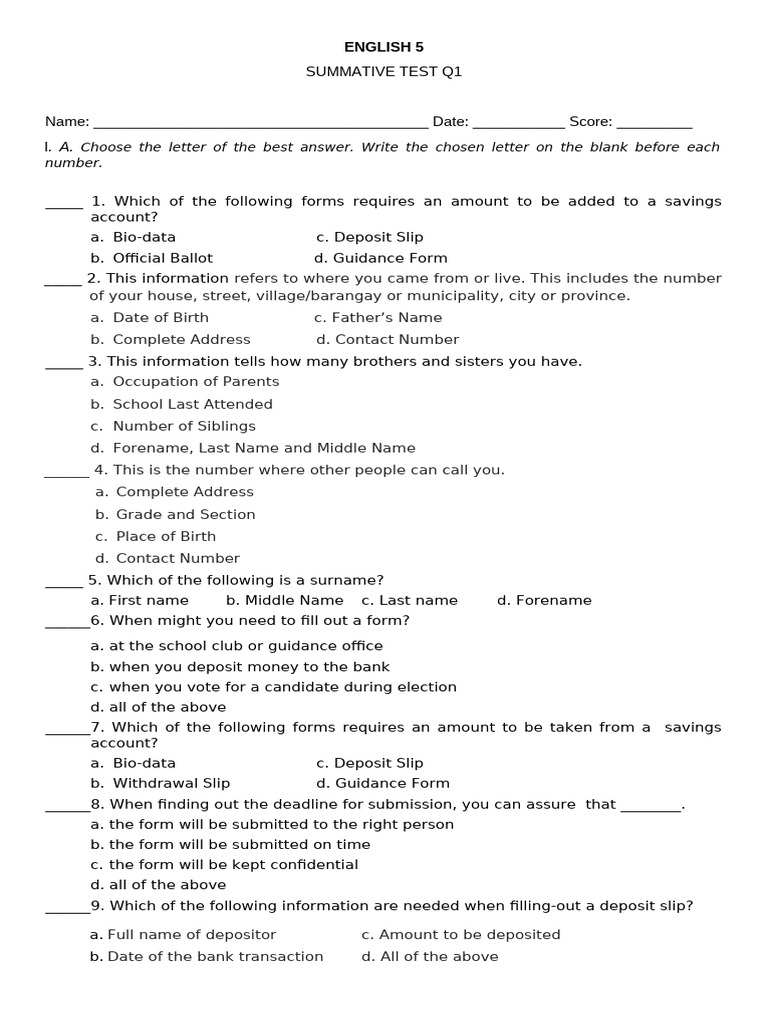 Grade 5 English Test | PDF | Pupa | Butterfly