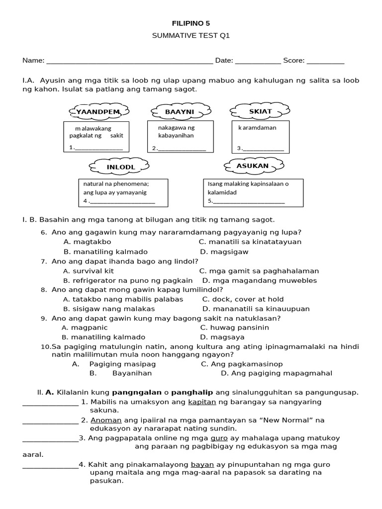 V1 SUMMATIVE TEST - FILIPINO 5 - Quarter 1 | PDF