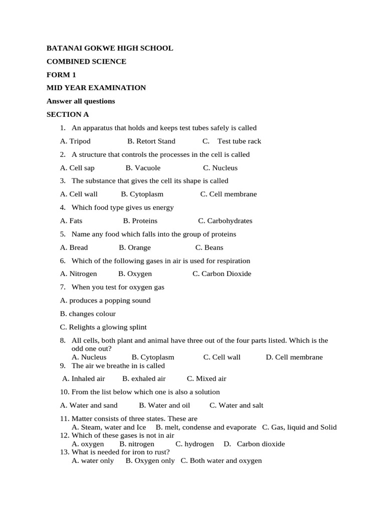 COMBINED SCIENCE Form 1 | PDF | Water | Oxygen