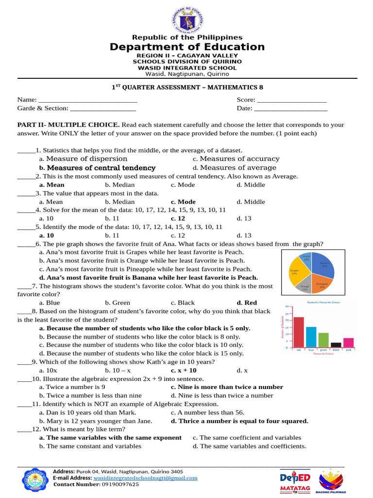 Math Assessment for Grade 8 Students | PDF | Factorization | Equations
