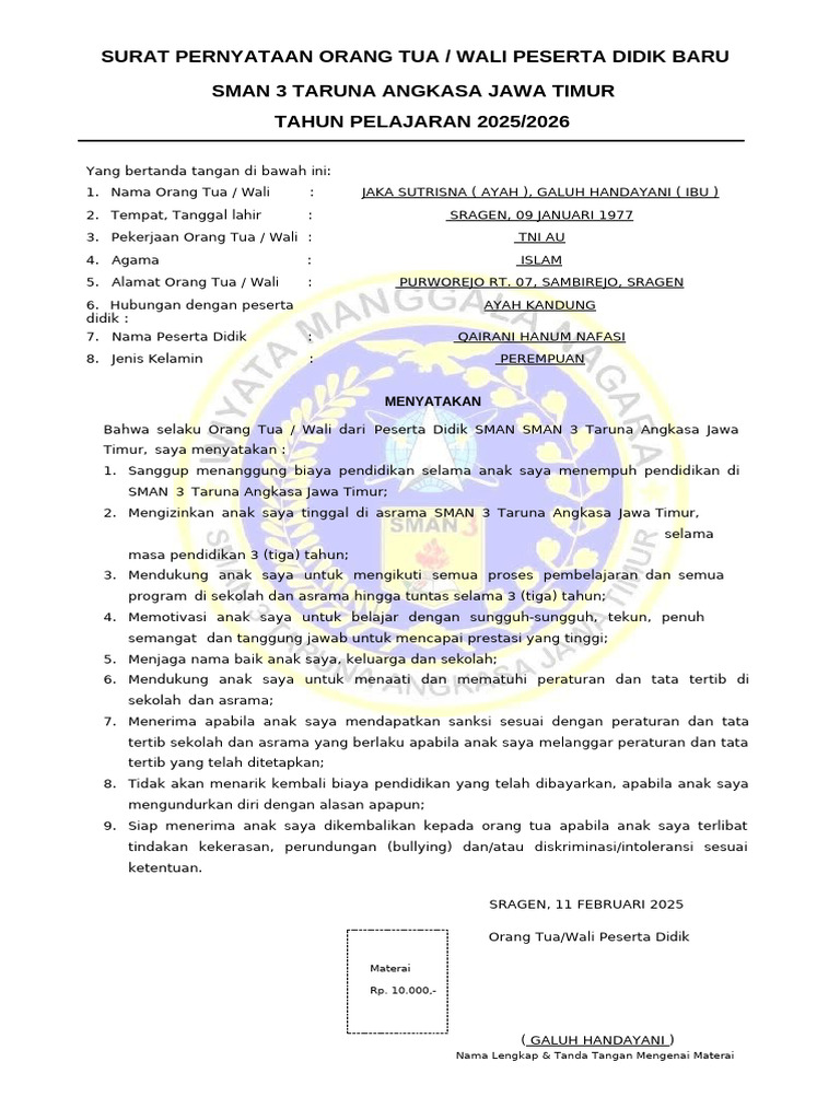 SURAT PERNYATAAN ORTU 2025 | PDF