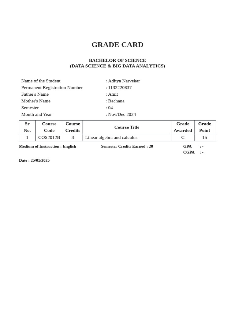 BSC Dsbda Sem 4 Sem Grade Card 2 1737800067080 STD | PDF