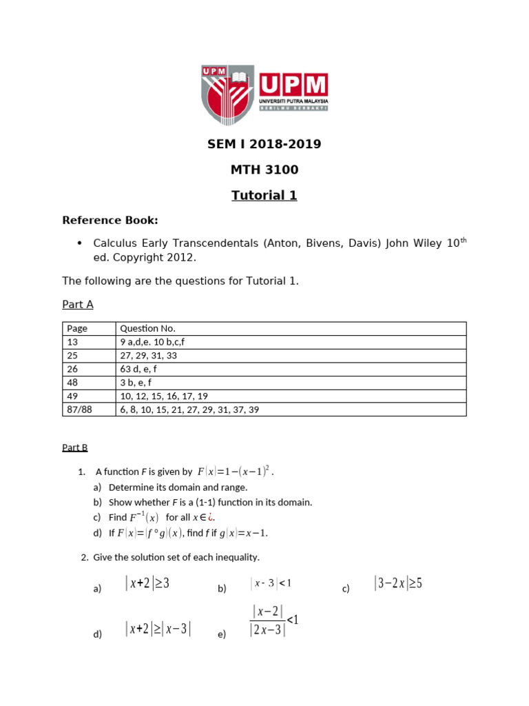 X X X X: SEM I 2018-2019 MTH 3100 Tutorial 1 | PDF
