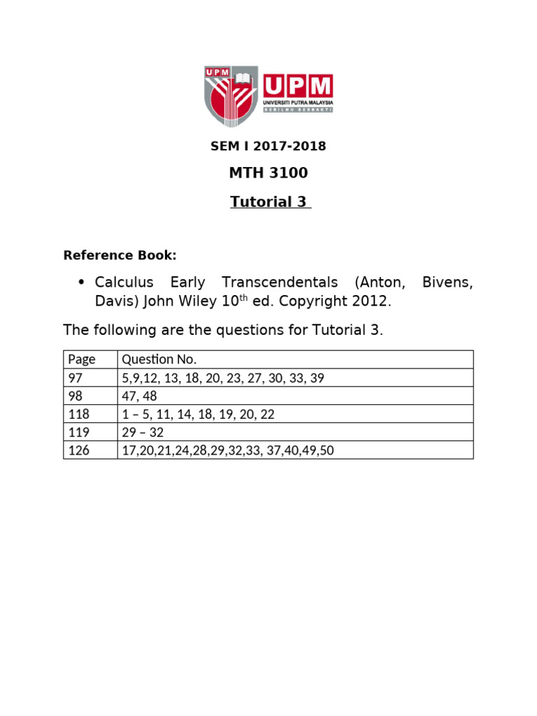 MTH 3100 Tutorial 3 | PDF