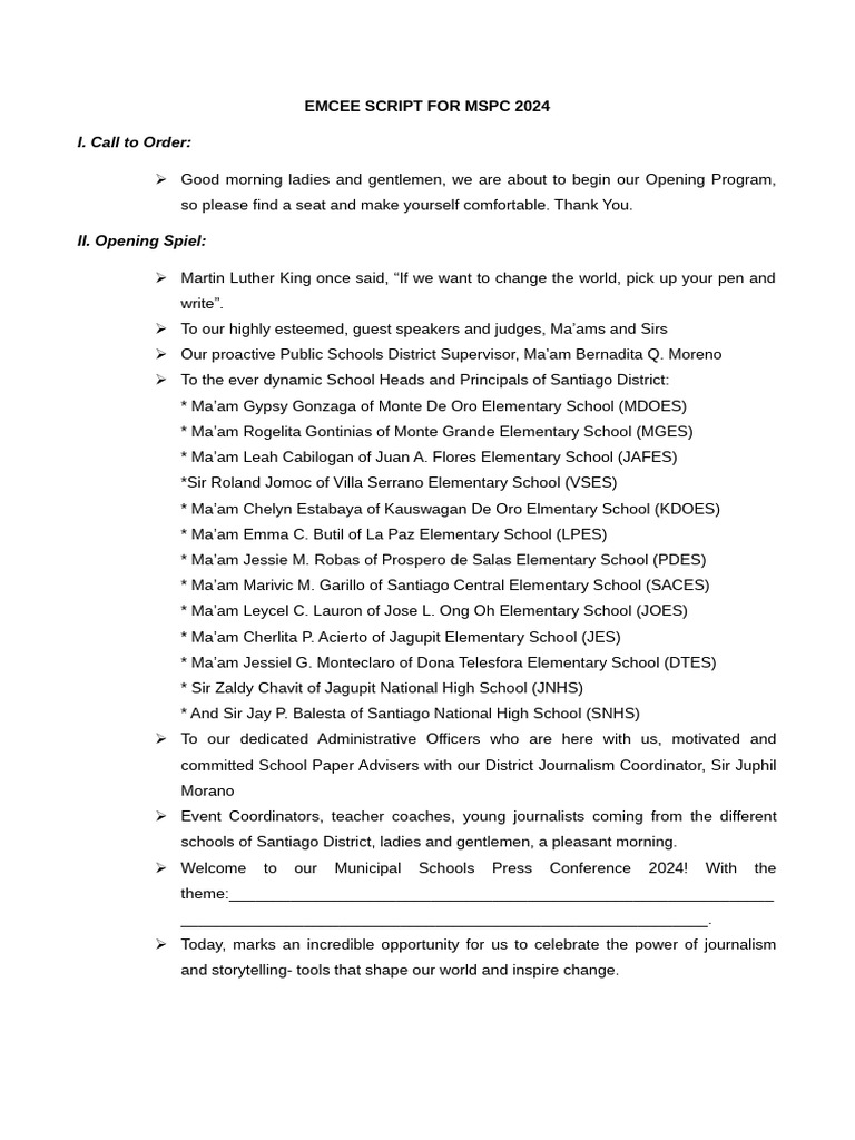 EMCEE SCRIPT FOR MSPC 2024 | PDF