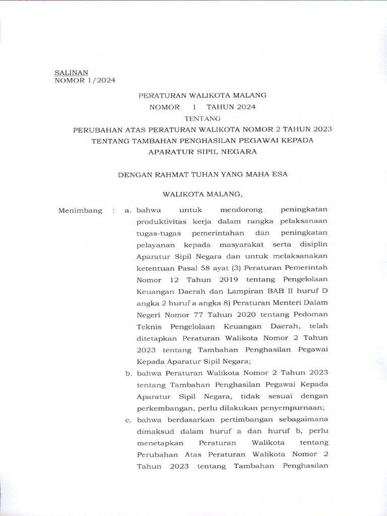 Salinan Perwal Perubahan TPP No 1 Tahun 2024 | PDF